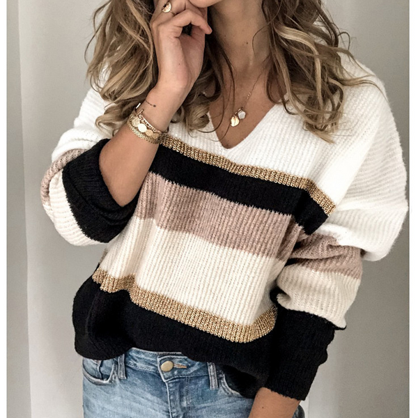 Knitting V Neck Long Sleeve Striped Color Matching Sweater Shodg