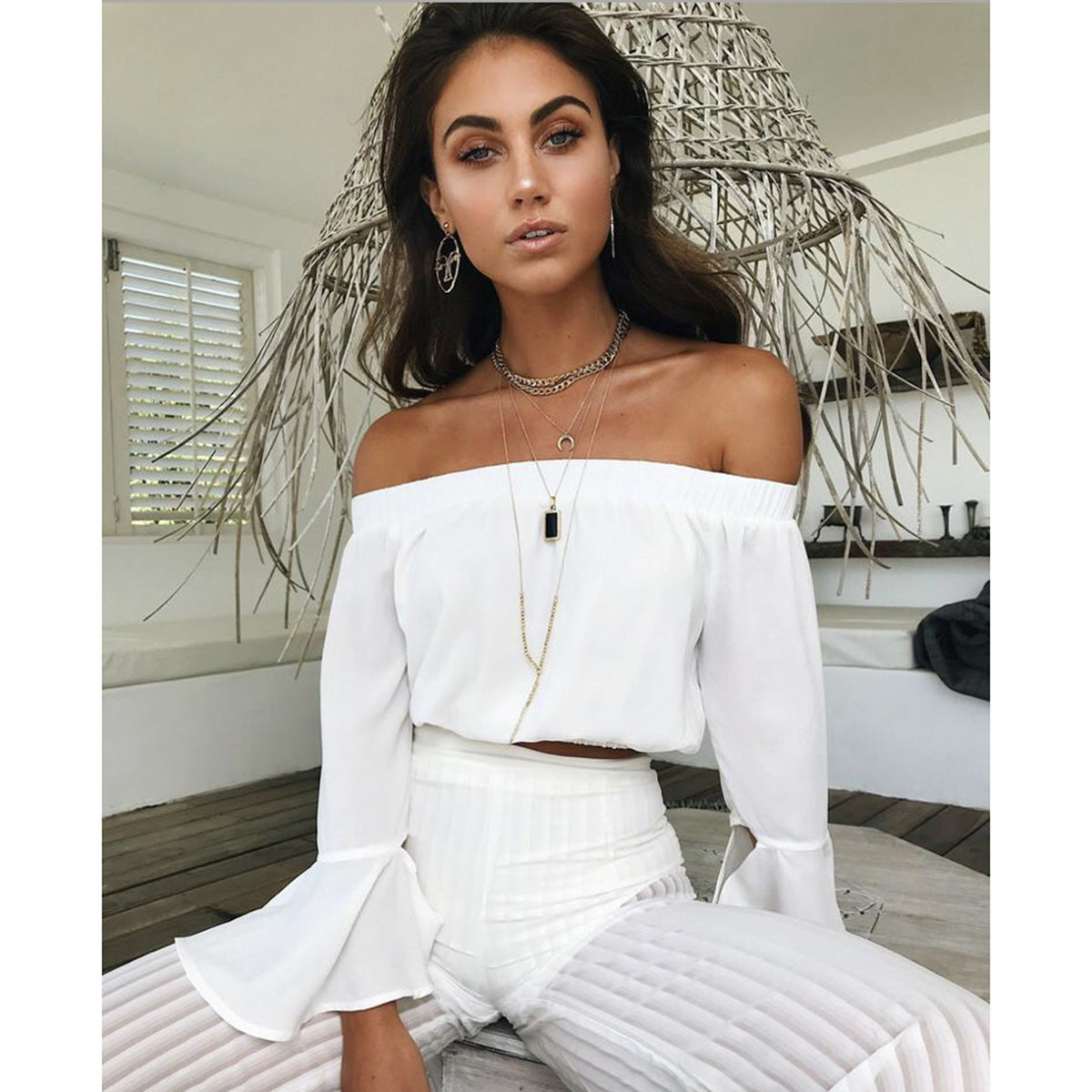 Solid Color Sexy One Word Collar Chiffon Top – Shodg