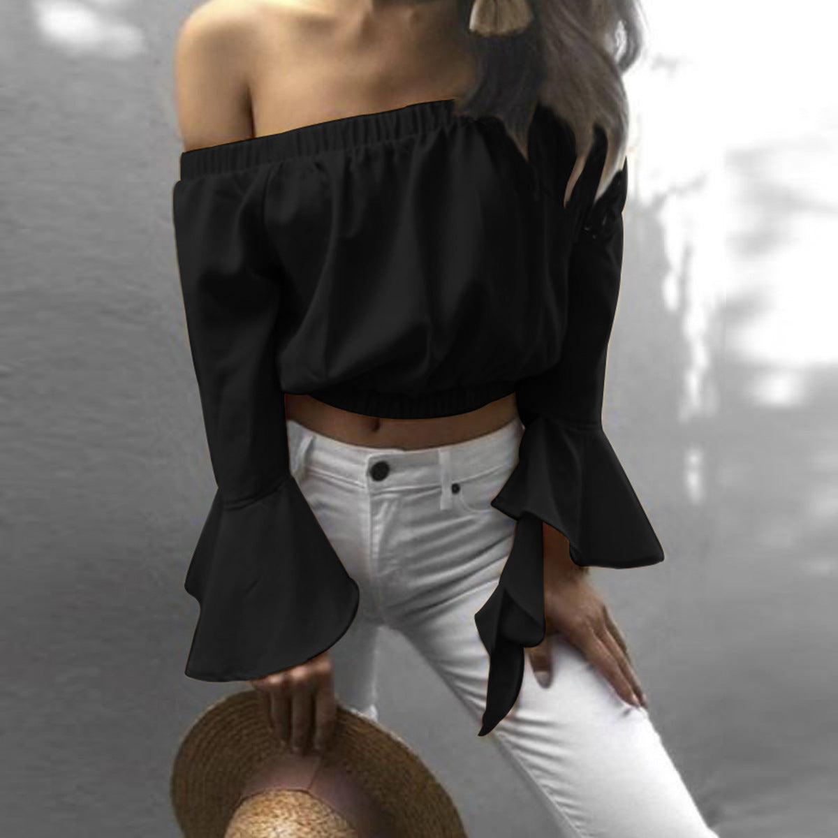 Solid Color Sexy One Word Collar Chiffon Top – Shodg