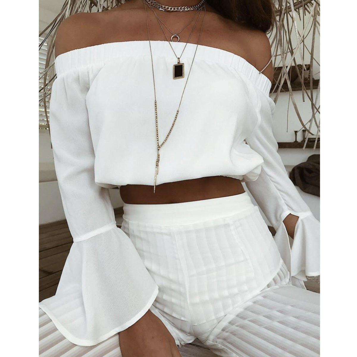 Solid Color Sexy One Word Collar Chiffon Top – Shodg