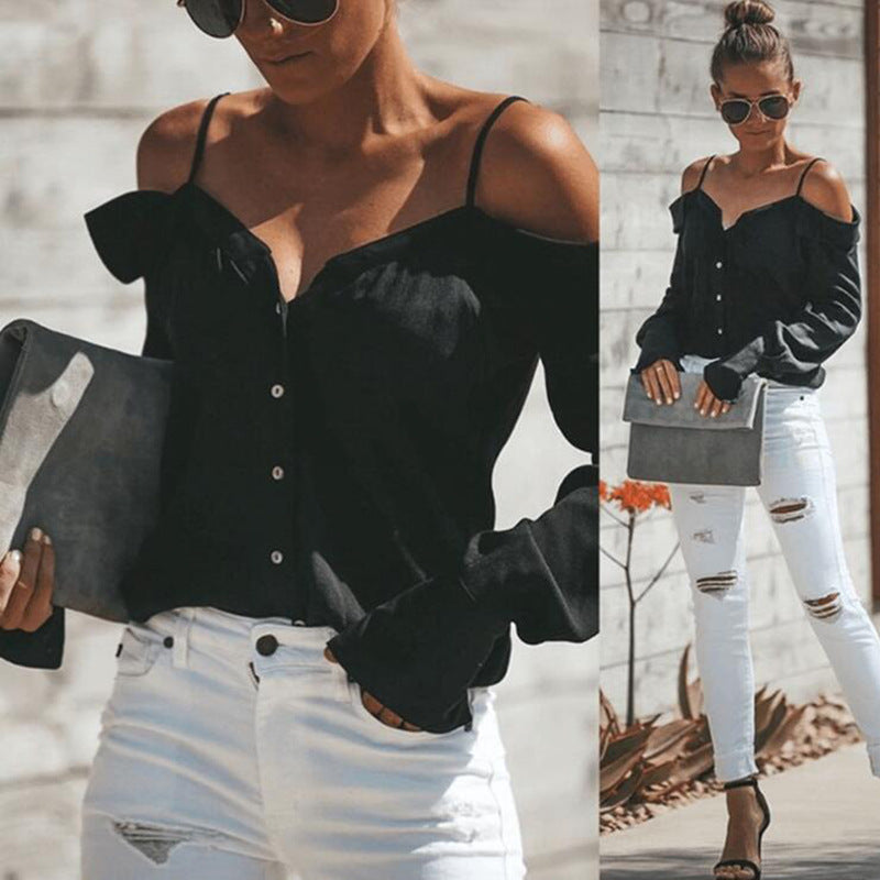 Womens Solid Color V Neck Sexy Sling Strapless Long Sleeved T Shirt T
