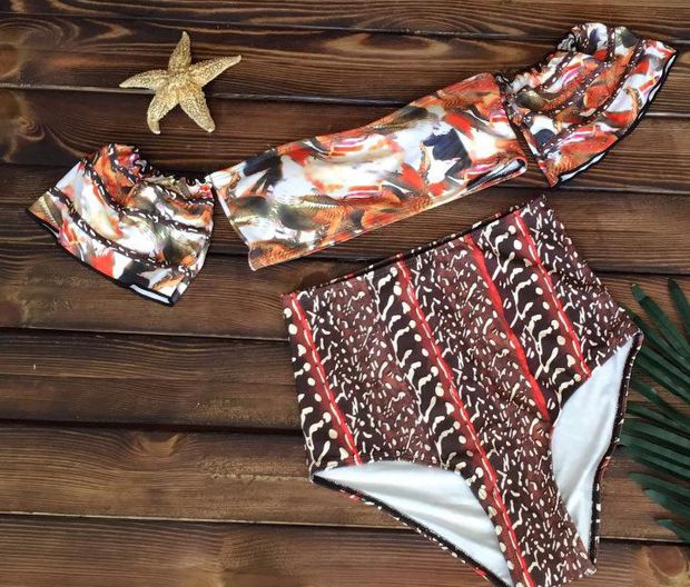 New bikini fold One word swimsuit printing Bathing suit – Shodg